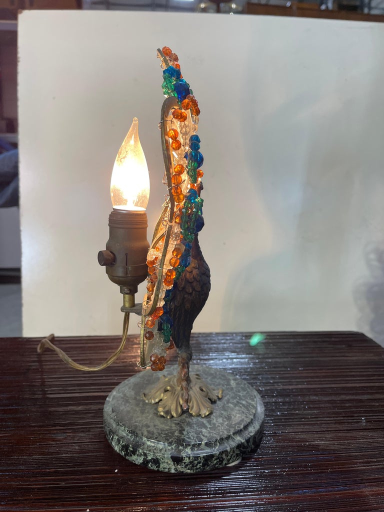 Bohemian Bronze and Beaded Glass Peacock Lamp For Sale at 1stDibs