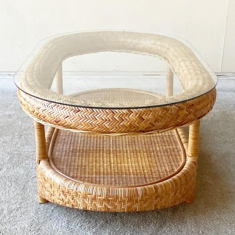 Bohemian Glass Top Wicker Coffee Table For Sale at 1stDibs