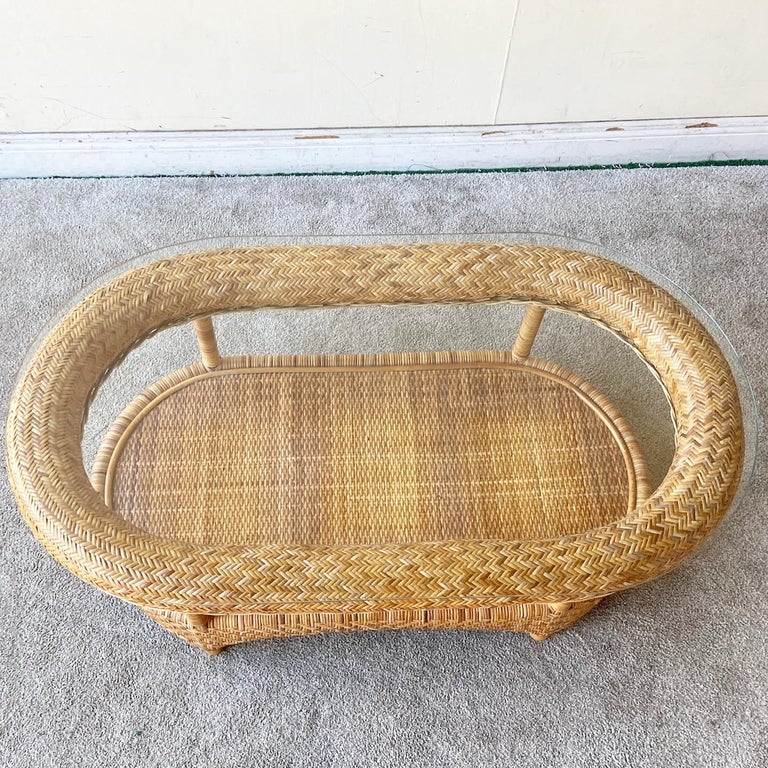 Bohemian Glass Top Wicker Coffee Table For Sale at 1stDibs