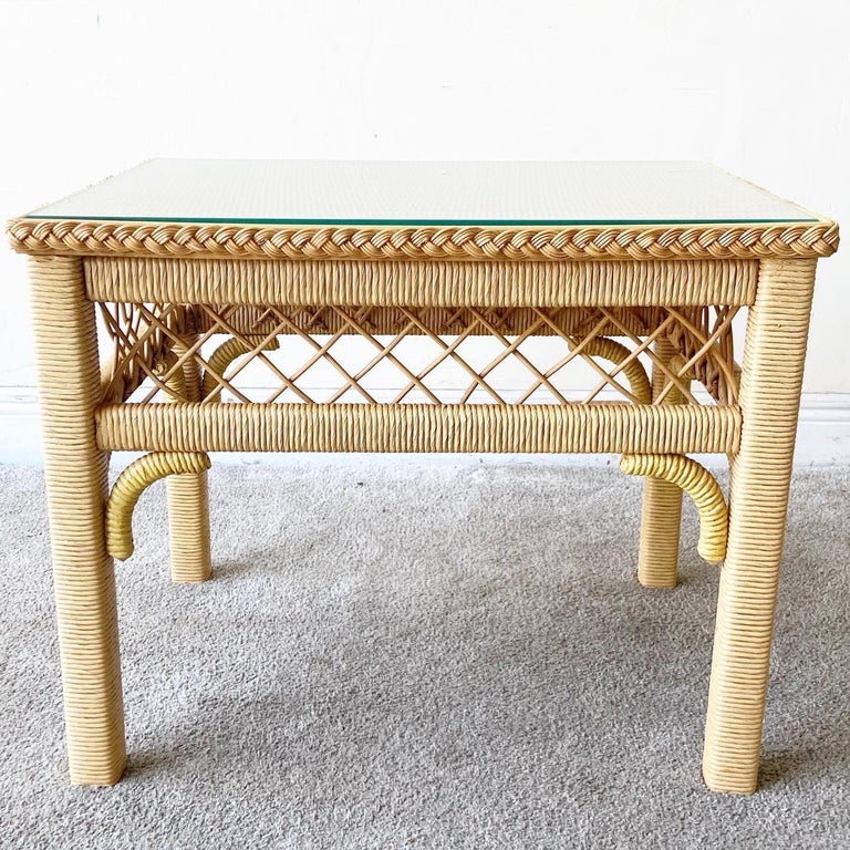 Bohemian Henry Link Wicker Glass Top Side Table For Sale at 1stDibs