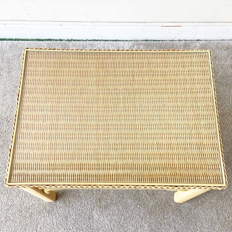 Bohemian Henry Link Wicker Glass Top Side Table For Sale at 1stDibs