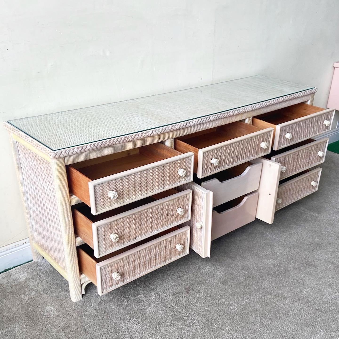 Bohemian Henry Link Wicker and Rattan Glass Top Dresser For Sale at 1stDibs