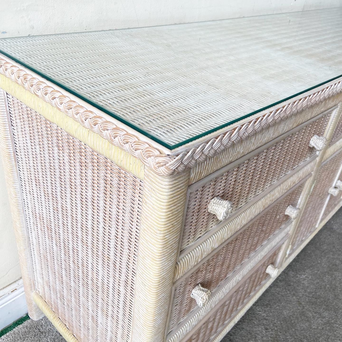 Bohemian Henry Link Wicker and Rattan Glass Top Dresser For Sale at 1stDibs