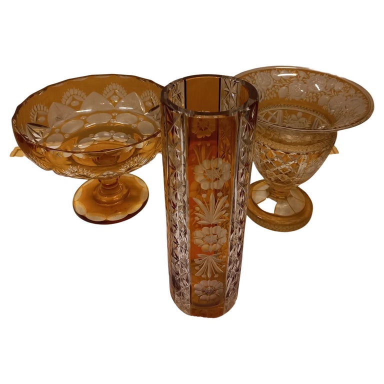 Bohemian Lead Crystal Vases and Bowl, Amber, Ca. 1928 For Sale at 1stDibs