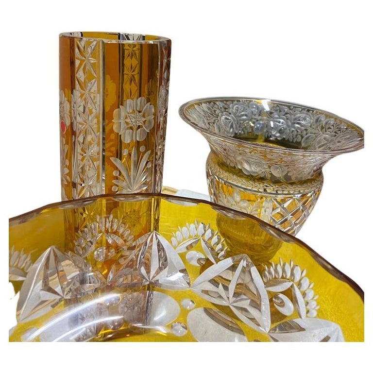 Bohemian Lead Crystal Vases and Bowl, Amber, Ca. 1928 For Sale at 1stDibs