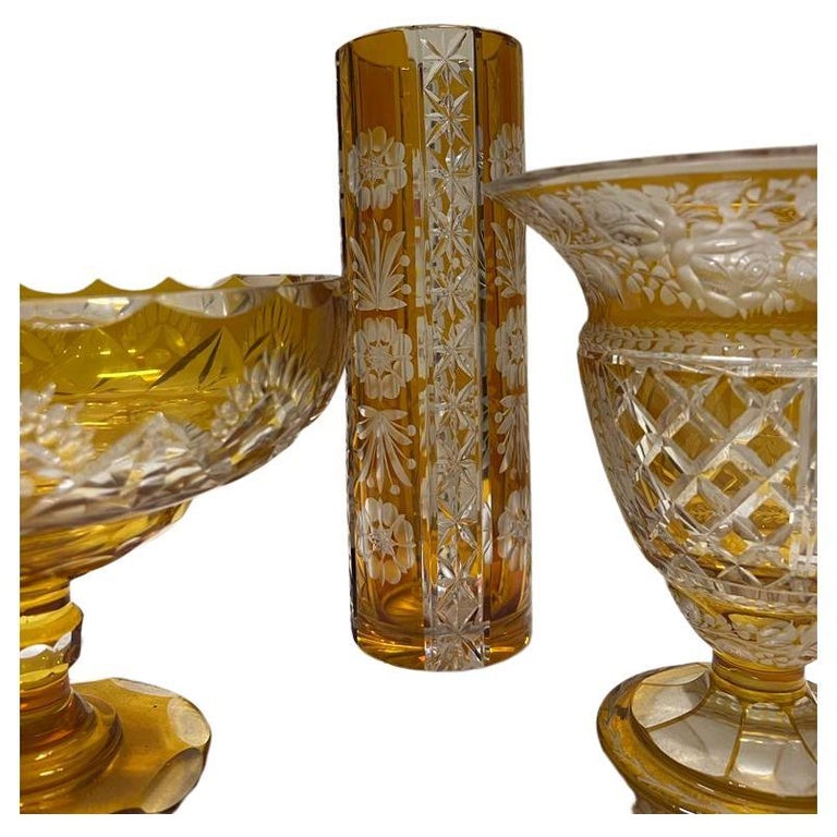 Bohemian Lead Crystal Vases and Bowl, Amber, Ca. 1928 For Sale at 1stDibs