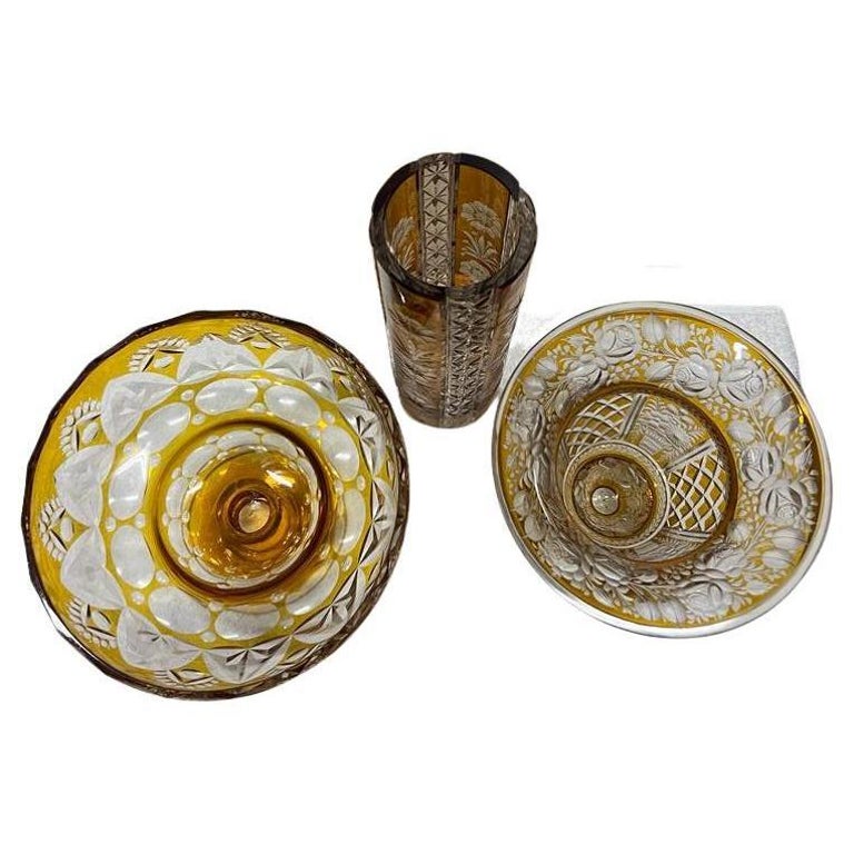 Bohemian Lead Crystal Vases and Bowl, Amber, Ca. 1928 For Sale at 1stDibs