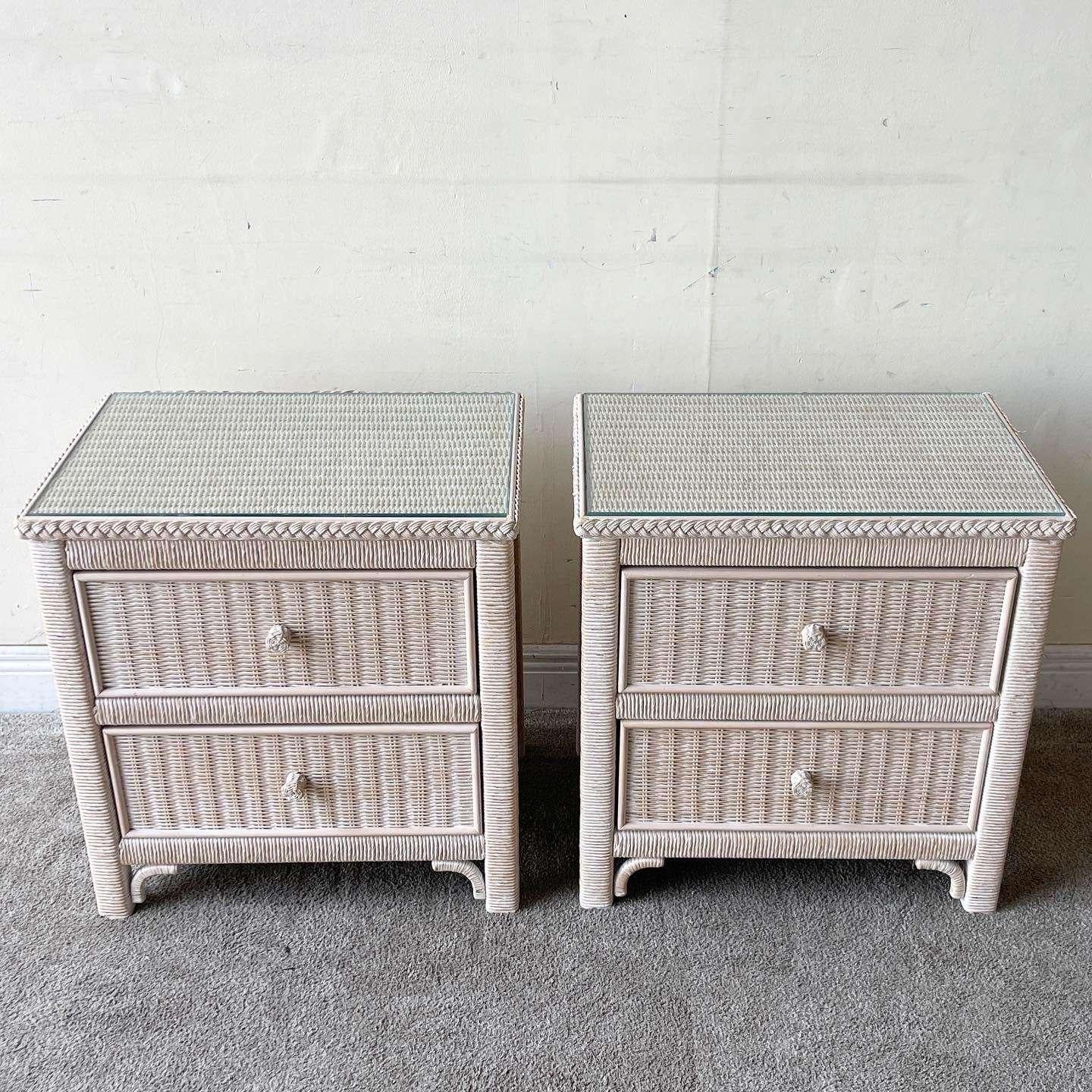 Bohemian Lexington Wicker and Rattan Glass Top Nightstands by Henry ...