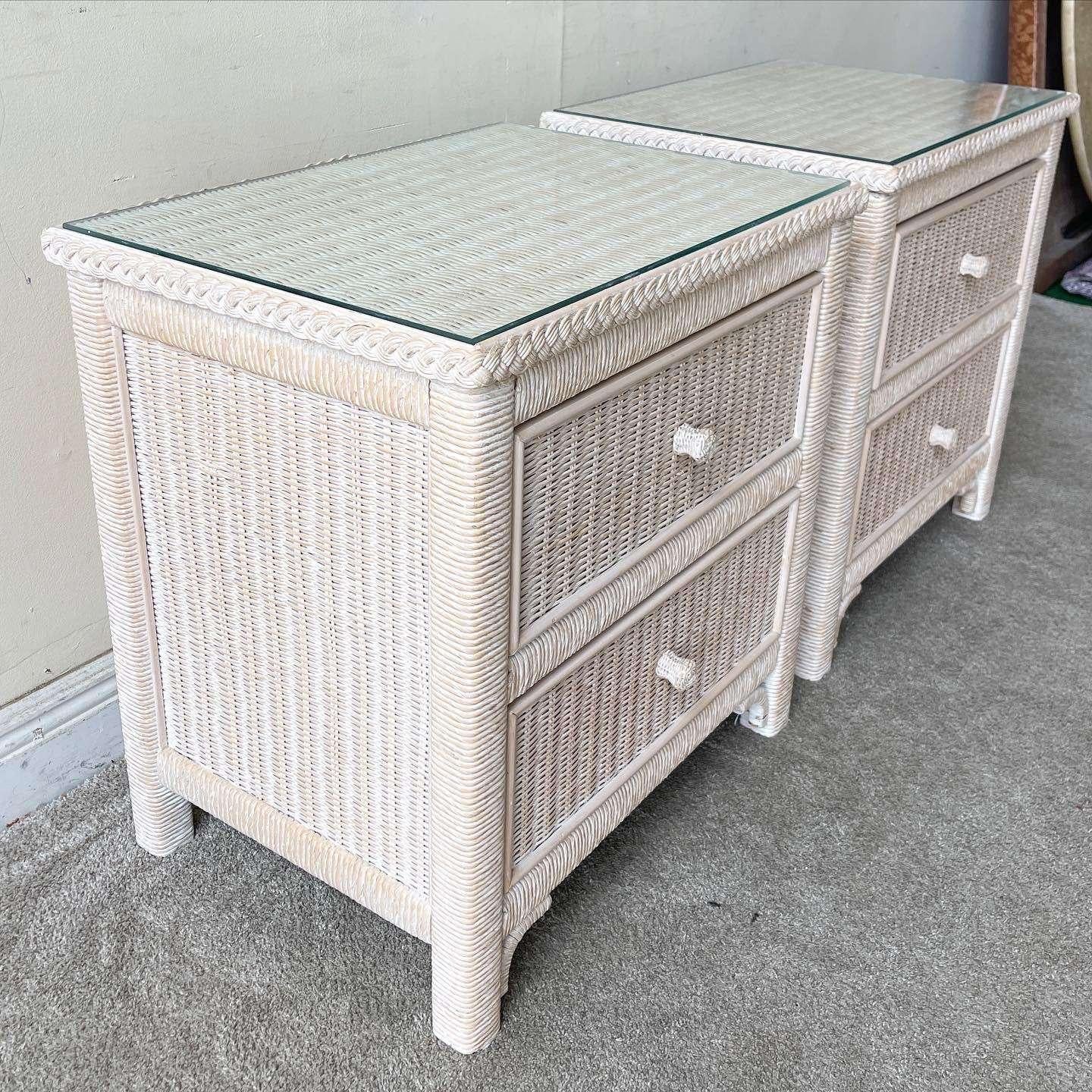 Bohemian Lexington Wicker and Rattan Glass Top Nightstands by Henry ...