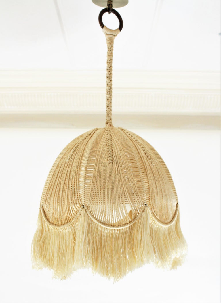 Bohemian Macrame Fiber Bell Pendant Hanging Lamp with Fringe, Spain ...