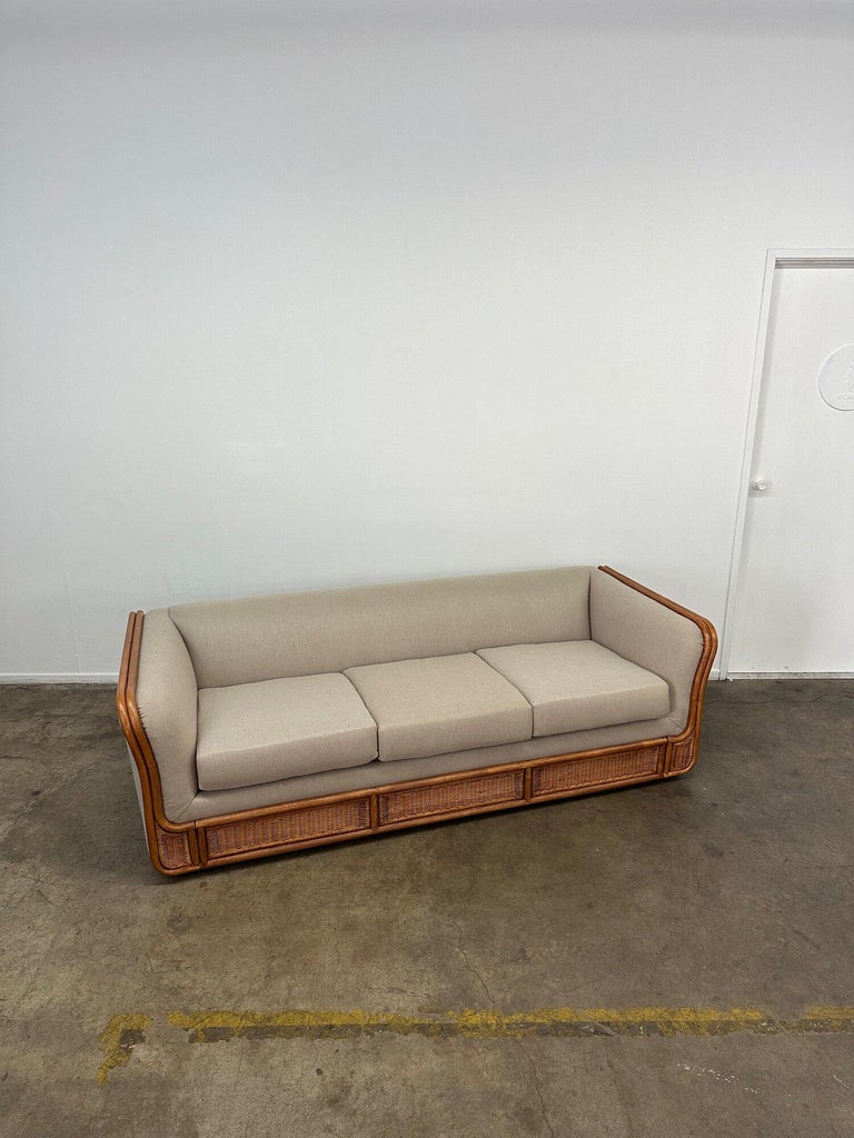 Bohemian Rattan Linen Three Seater Sofa For Sale at 1stDibs
