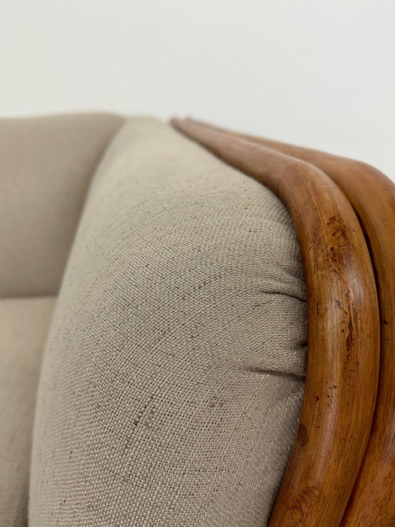 Bohemian Rattan Linen Three Seater Sofa For Sale at 1stDibs