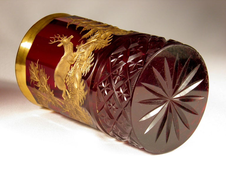 Bohemian Ruby Gilded Glass Goblet Hunting Motive at 1stDibs