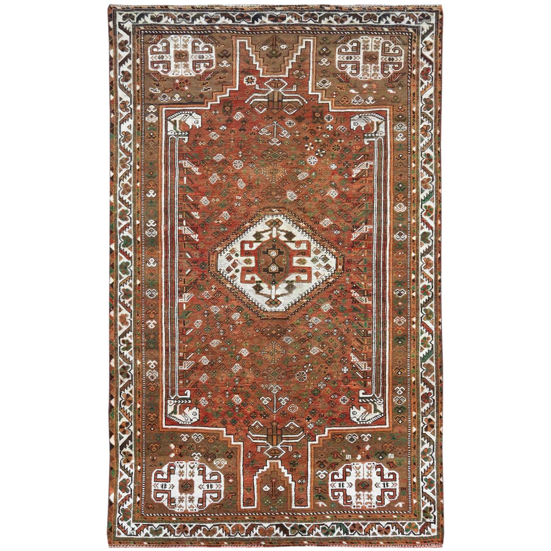 Semi Antique Coral Handmade Persian Shiraz Worn Down Bohemian Wool Rug ...