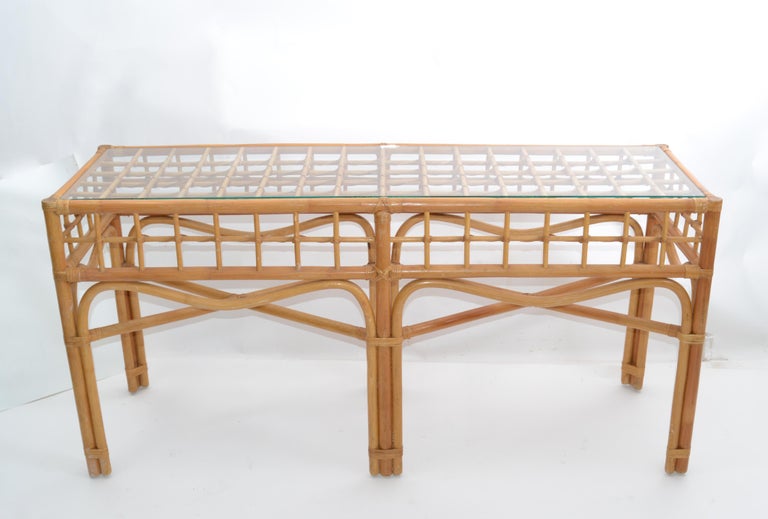 Bohemian Style Handcrafted Bent Bamboo and Rattan Console Table with ...