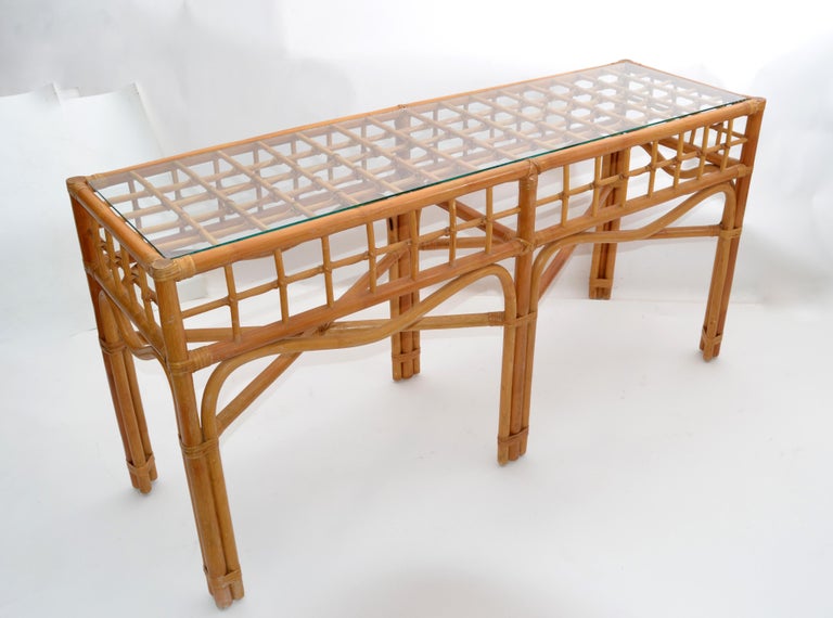 Bohemian Style Handcrafted Bent Bamboo and Rattan Console Table with ...