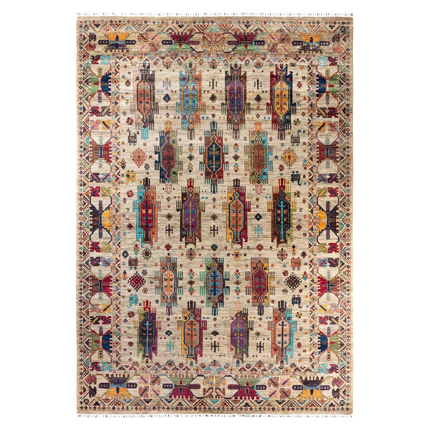 Bohemian Tribal Hand Knotted Wool Taupe Area Rug 9' 1" x 11' 9" For ...