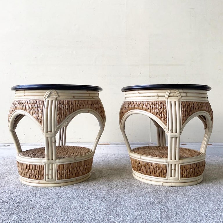 Boho Chic Bamboo and Sea Grass Circular Side Tables, a Pair For Sale at ...