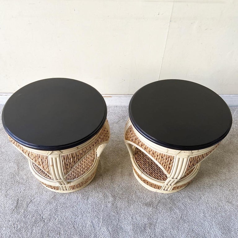 Boho Chic Bamboo and Sea Grass Circular Side Tables, a Pair For Sale at ...
