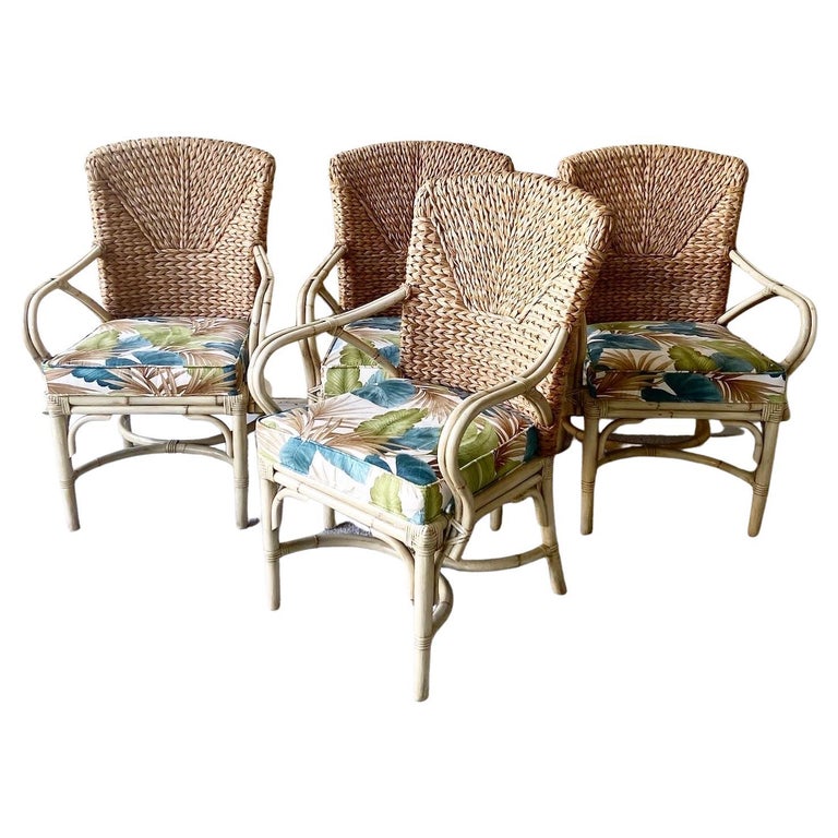 Boho Chic Bamboo Rattan And Sea Grass Dining Chairs Set Of 4 For Sale