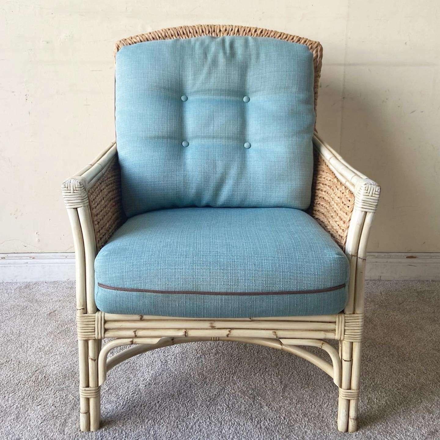 Boho Chic Bamboo Rattan And Seagrass Lounge Chair With Ottoman For Sale
