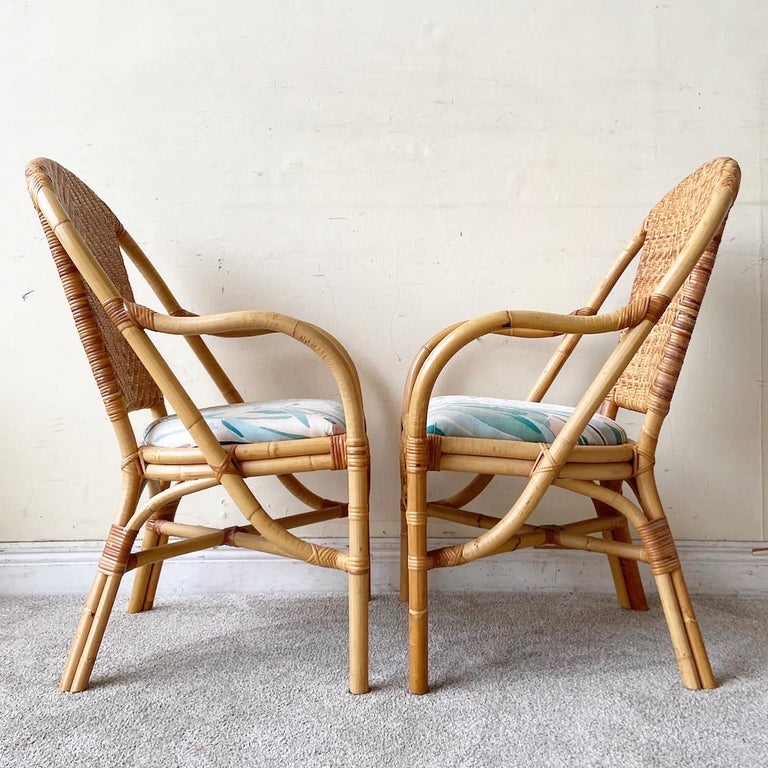 Boho Chic Bamboo Rattan and Wicker Arm Chairs For Sale at 1stDibs