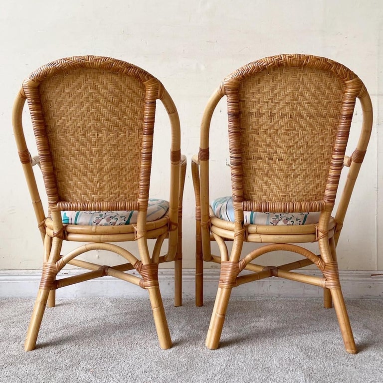 Boho Chic Bamboo Rattan and Wicker Arm Chairs For Sale at 1stDibs