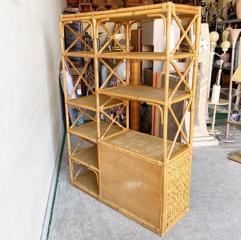 Boho Chic Bamboo Rattan and Wicker Etagere / Bookcase For Sale at 1stDibs