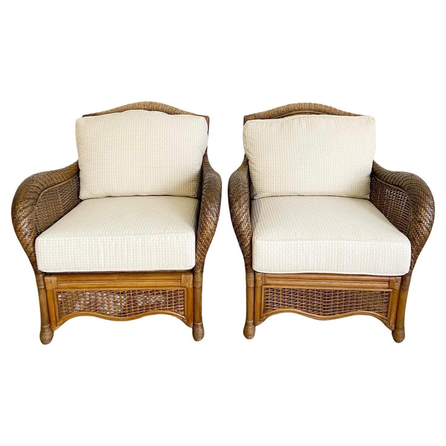 Boho Chic Bamboo Rattan And Wicker Lounge Chairs A Pair For Sale At