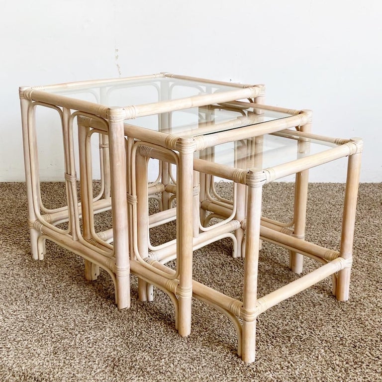 Boho Chic Bamboo Rattan Nesting Tables, Set of 3 For Sale at 1stDibs
