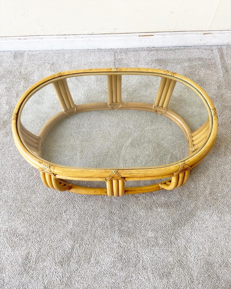 Boho Chic Bamboo Rattan Oval Glass Top Coffee Table For Sale at 1stDibs