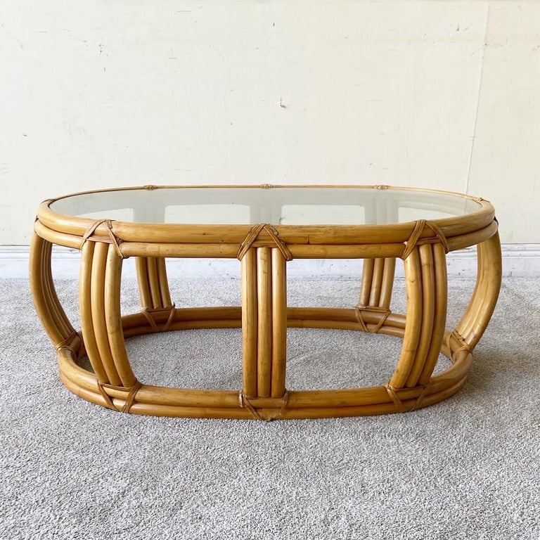 Boho Chic Bamboo Rattan Oval Glass Top Coffee Table For Sale at 1stDibs