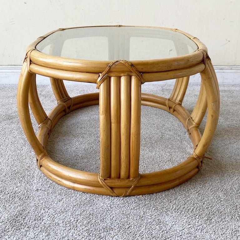 Boho Chic Bamboo Rattan Oval Glass Top Coffee Table For Sale at 1stDibs