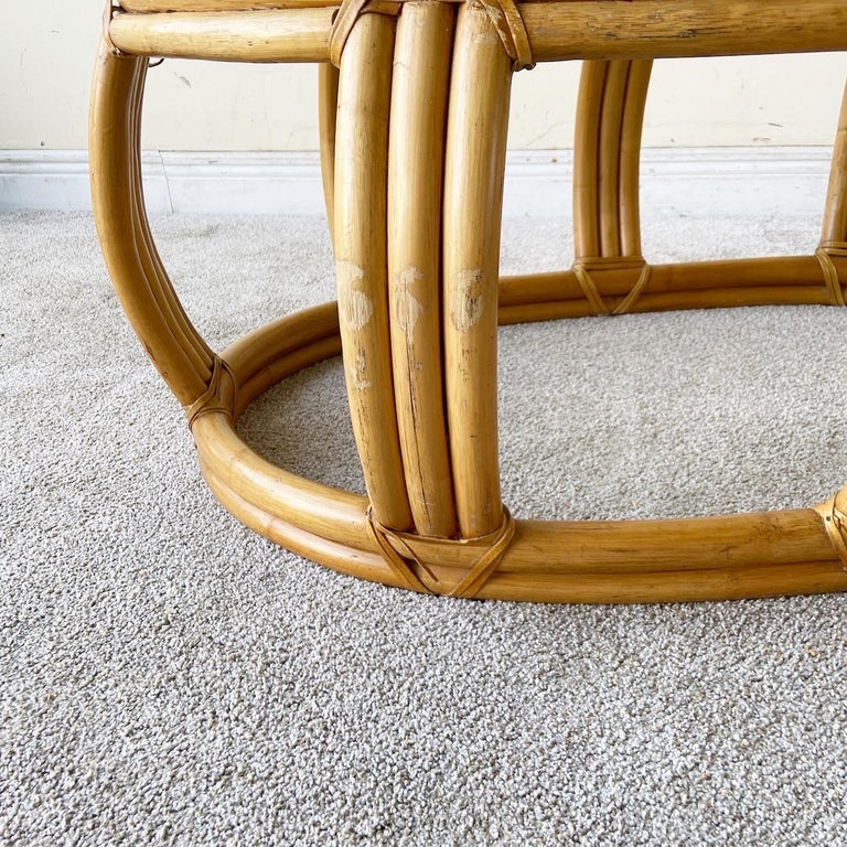 Boho Chic Bamboo Rattan Oval Glass Top Coffee Table For Sale at 1stDibs