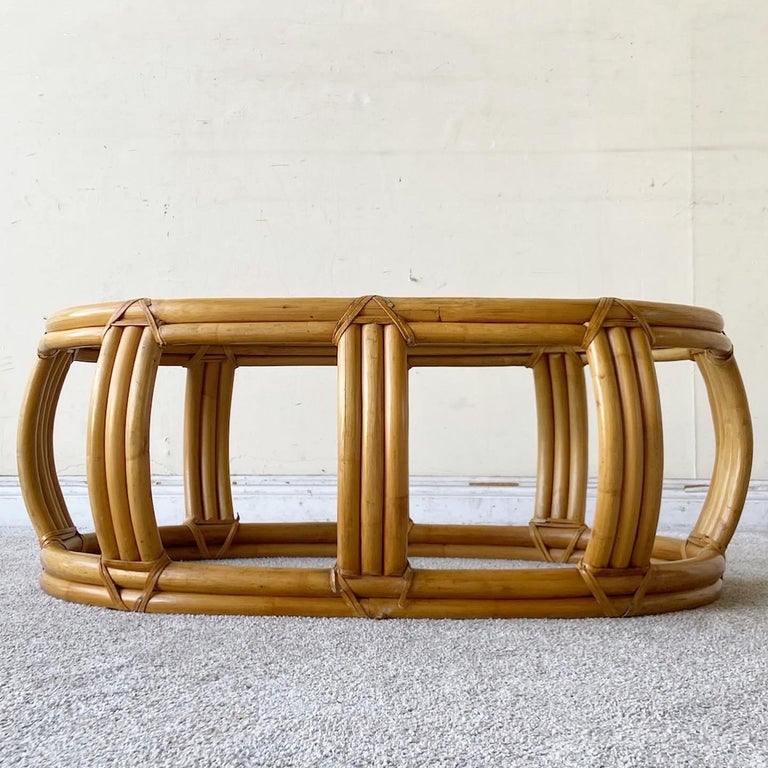 Boho Chic Bamboo Rattan Oval Glass Top Coffee Table For Sale at 1stDibs