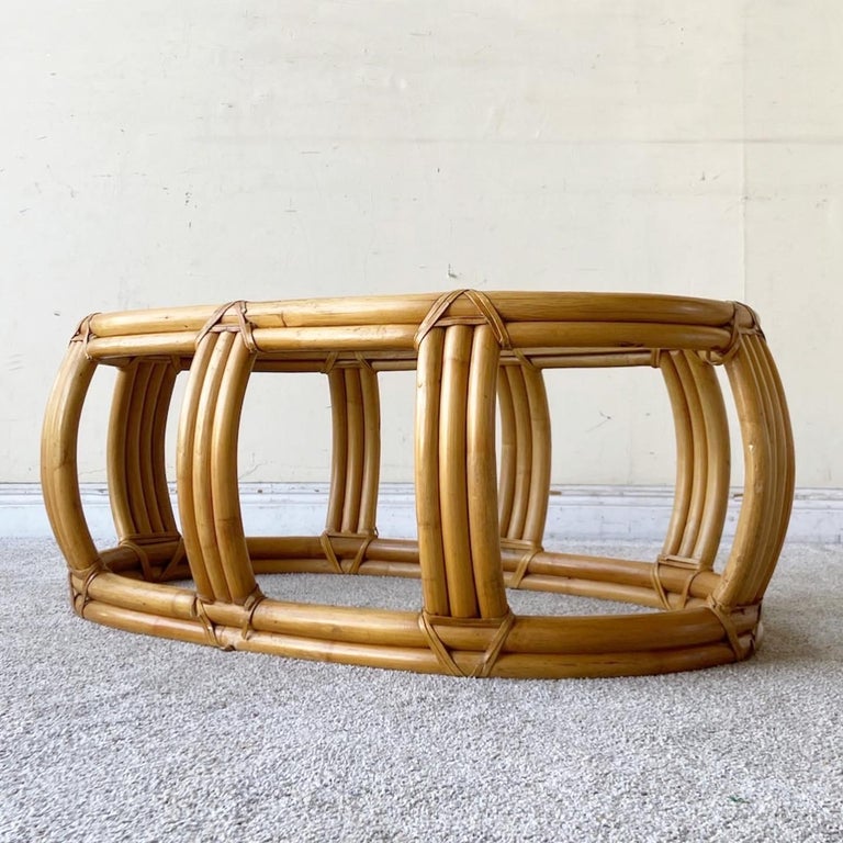 Boho Chic Bamboo Rattan Oval Glass Top Coffee Table For Sale at 1stDibs