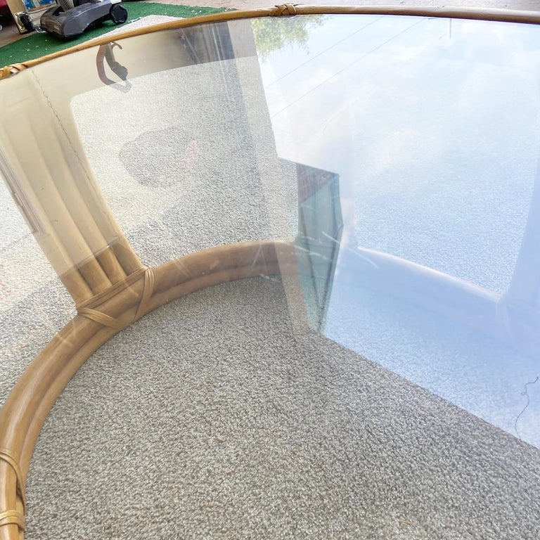 Boho Chic Bamboo Rattan Oval Glass Top Coffee Table For Sale at 1stDibs