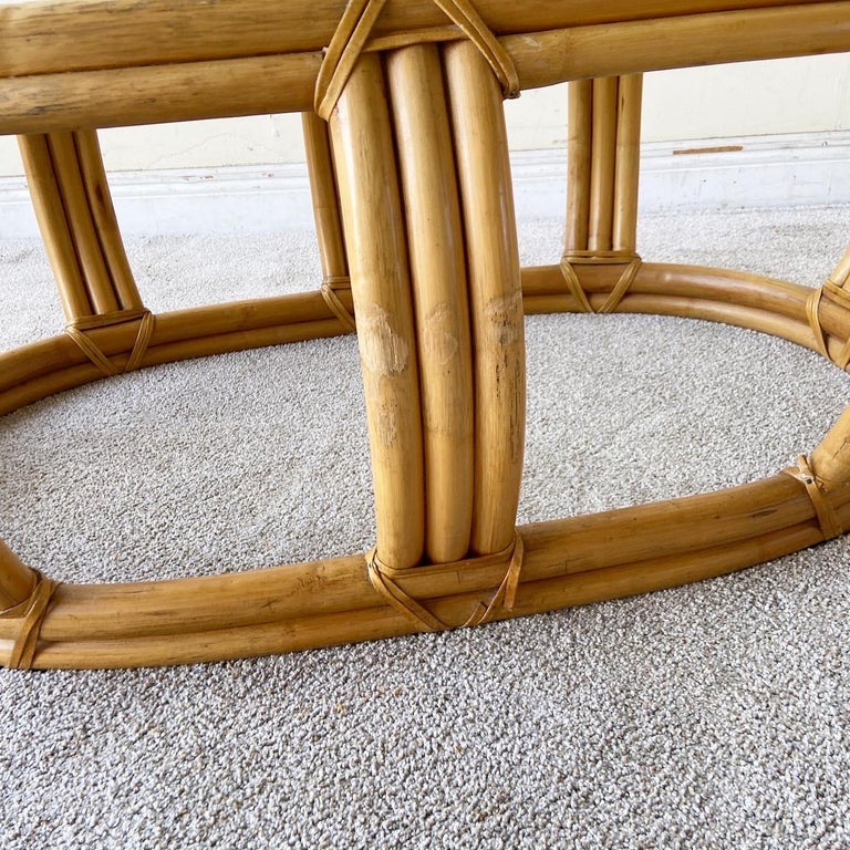 Boho Chic Bamboo Rattan Oval Glass Top Coffee Table For Sale at 1stDibs