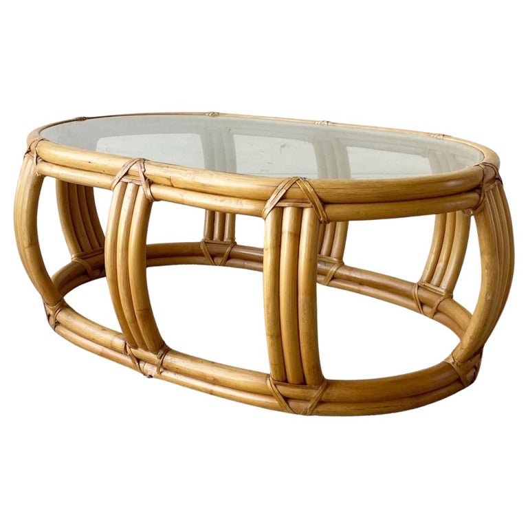 Boho Chic Bamboo Rattan Oval Glass Top Coffee Table For Sale at 1stDibs