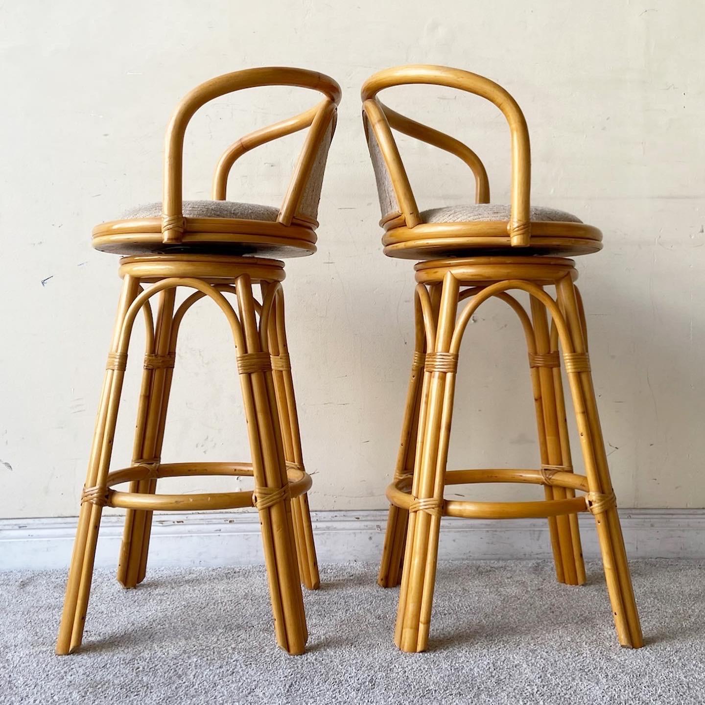 Boho Chic Bamboo Rattan Swivel Bar Stools For Sale at 1stDibs | boho bar stools