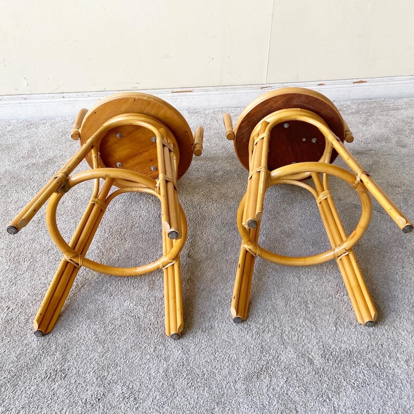 Boho Chic Bamboo Rattan Swivel Bar Stools For Sale at 1stDibs | boho bar stools