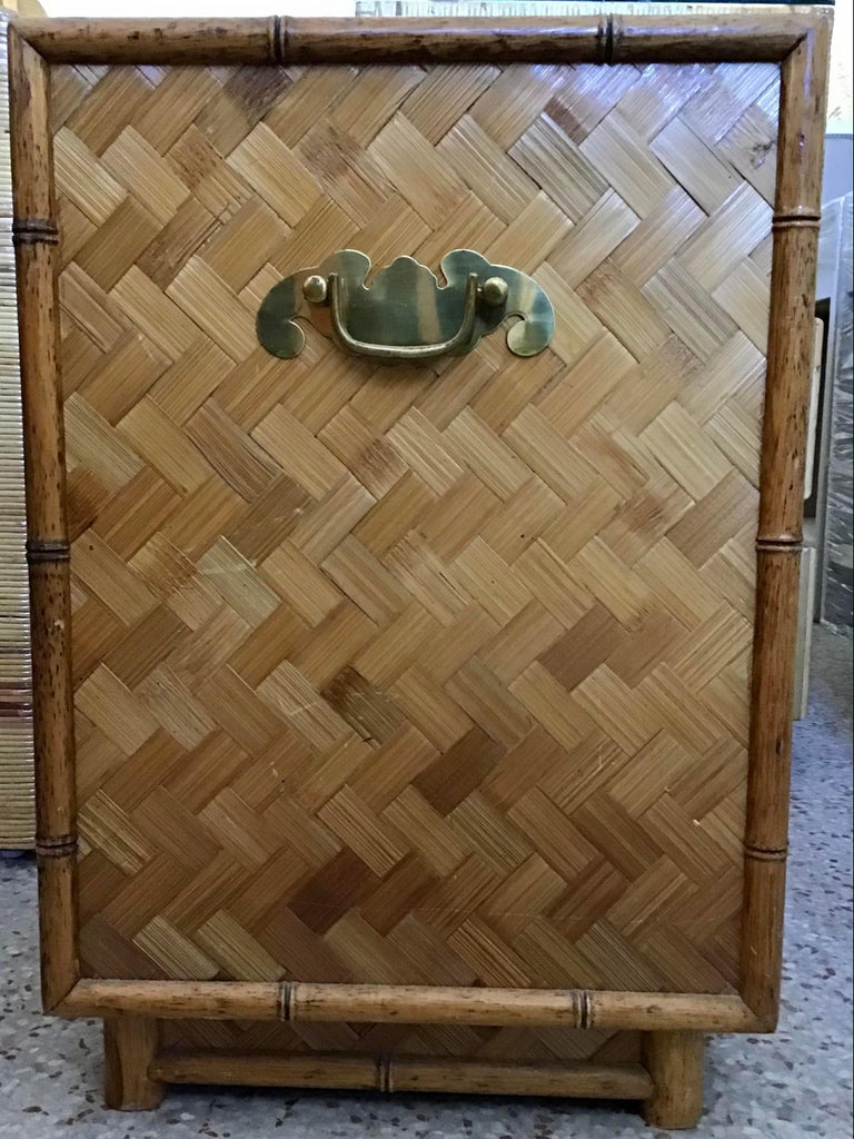 Boho Chic Bamboo Side Table 2 Door Cabinet with Glass Top For Sale at ...