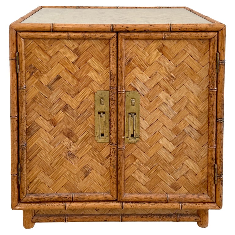 Boho Chic Two-Door Bamboo Cabinet Side Table With Glass Top For Sale at ...