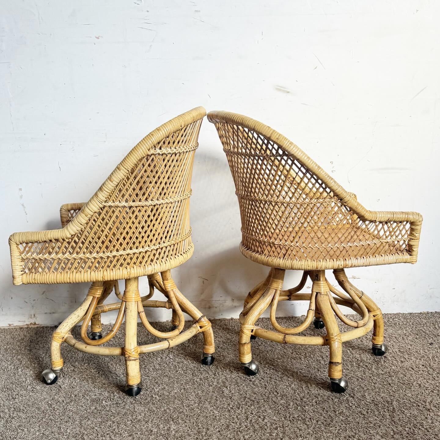 Boho Chic Buri Rattan Bamboo Swivel Barrel Dining Chairs on Casters ‚Äì ...