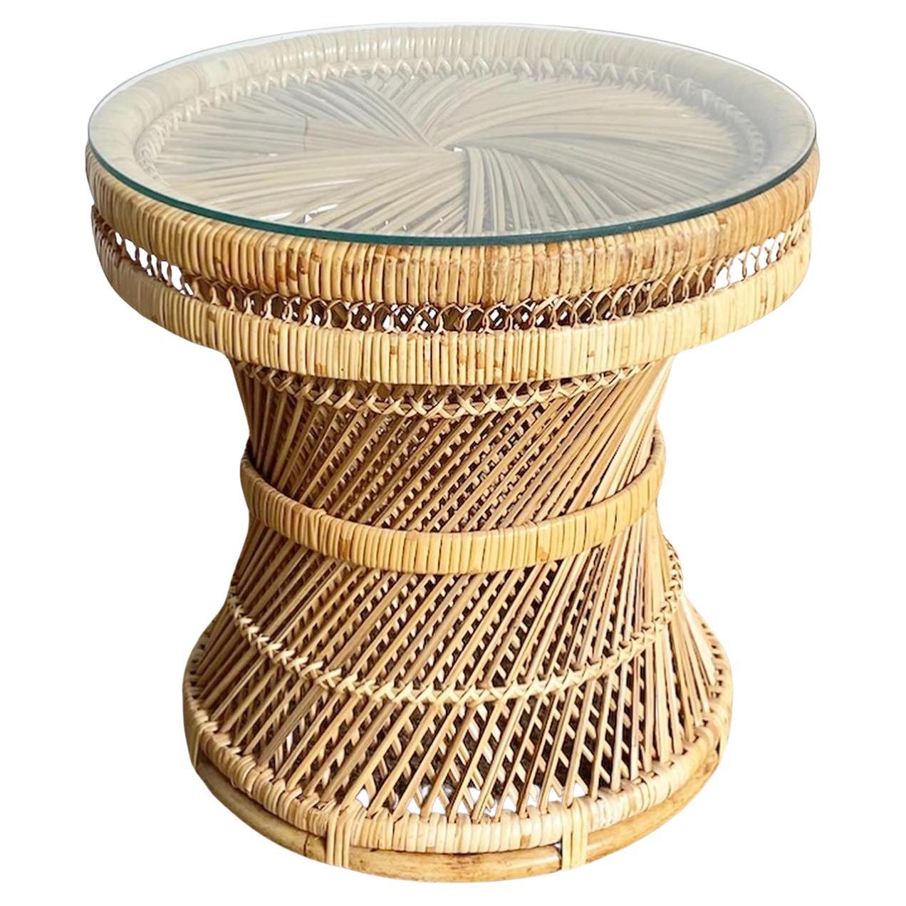 Boho Chic Rattan Glass Top Side Table For Sale at 1stDibs