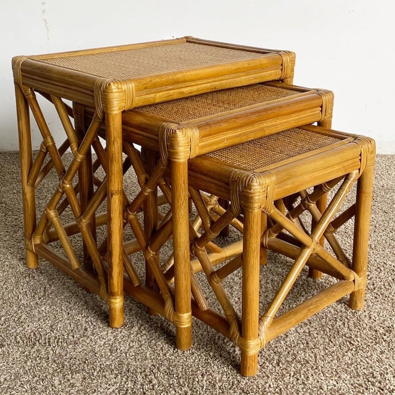 Boho Chic Chippendale Bamboo Rattan and Wicker Nesting Tables - Set of ...