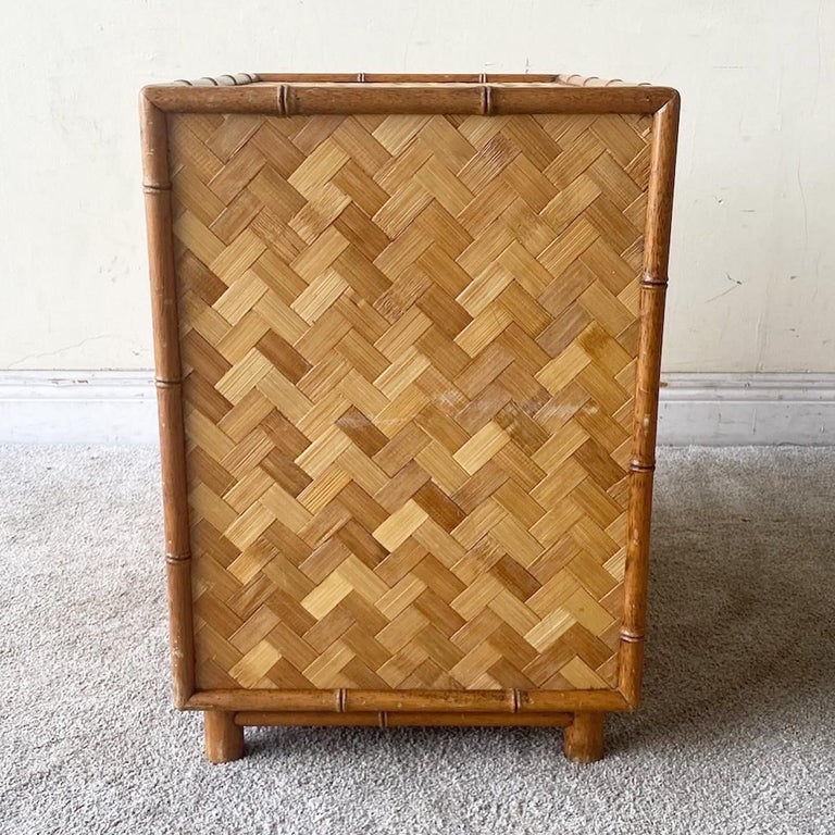 Boho Chic Faux Bamboo and Herringbone Chest Cabinet For Sale at 1stDibs