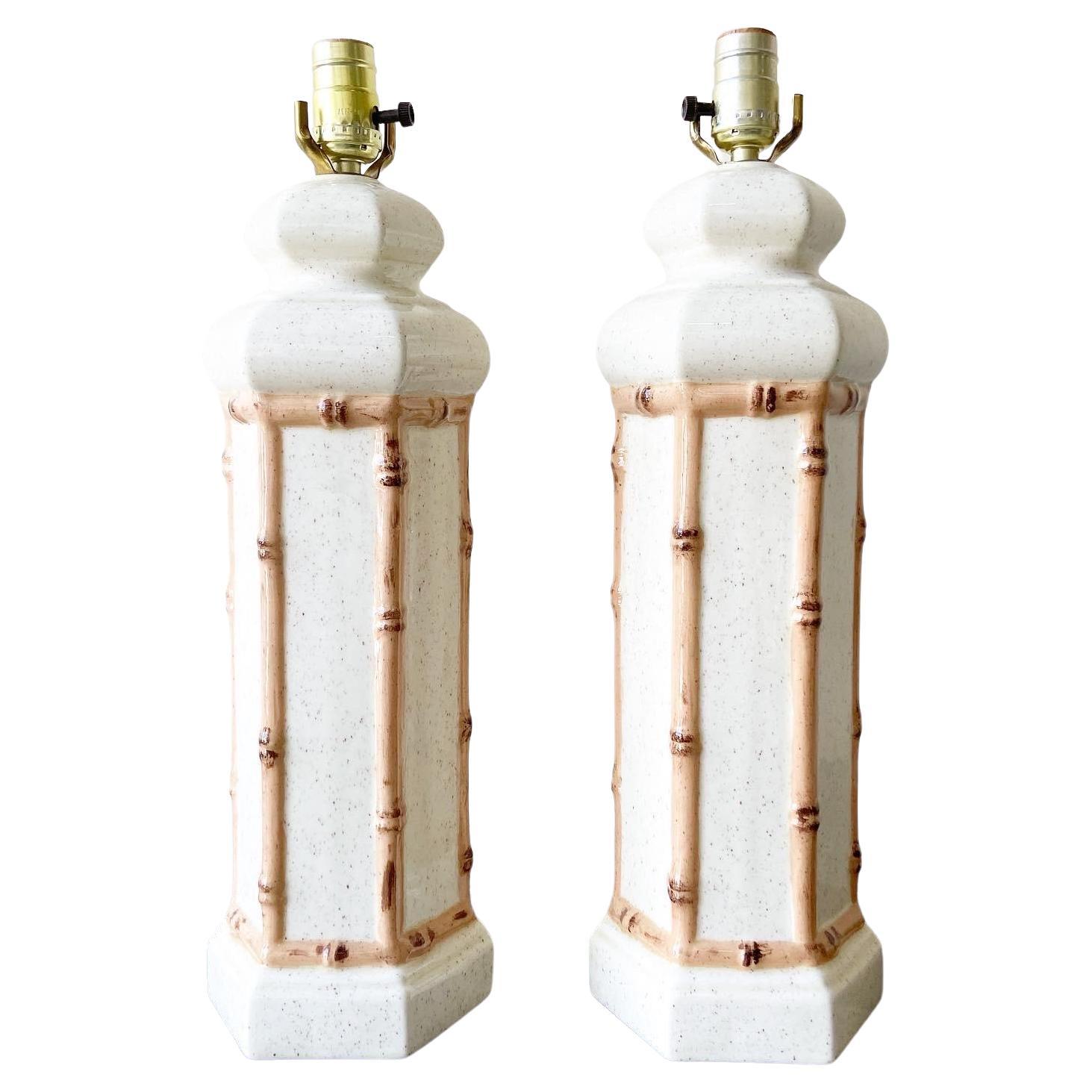 Pair White Ceramic Bamboo Relief Table Lamps For Sale at 1stDibs
