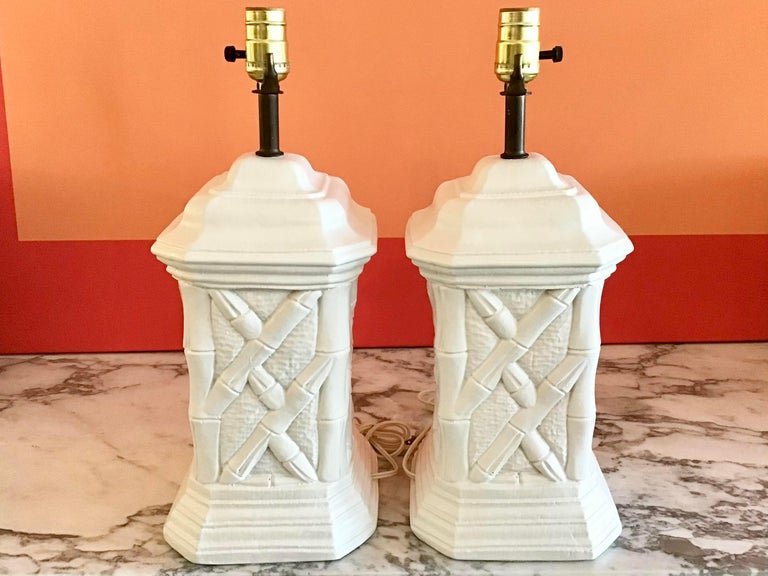 Boho Chic Faux Bamboo Plaster Table Lamps, a Pair For Sale at 1stDibs