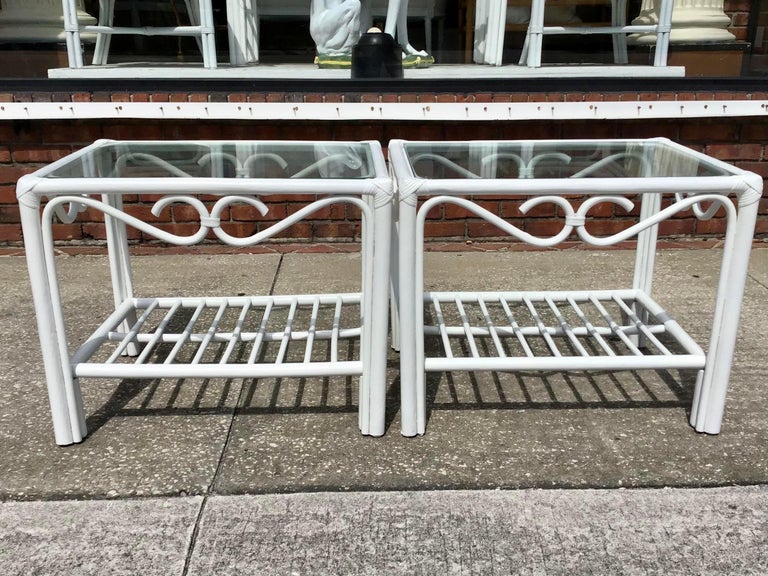 Boho Chic Fresh White Rattan Side Tables, a Pair For Sale at 1stDibs